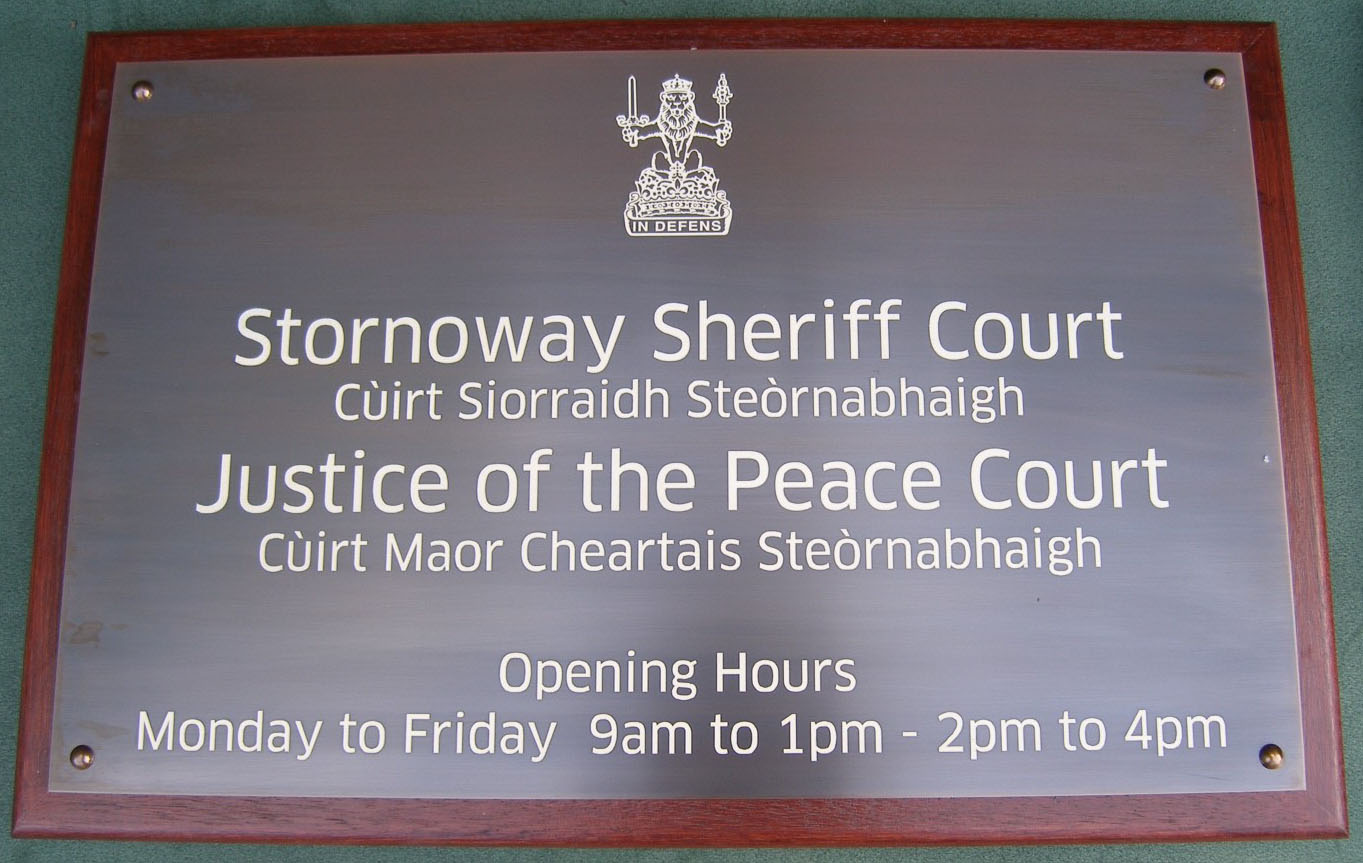 Bronze Stornoway sheriff court sign